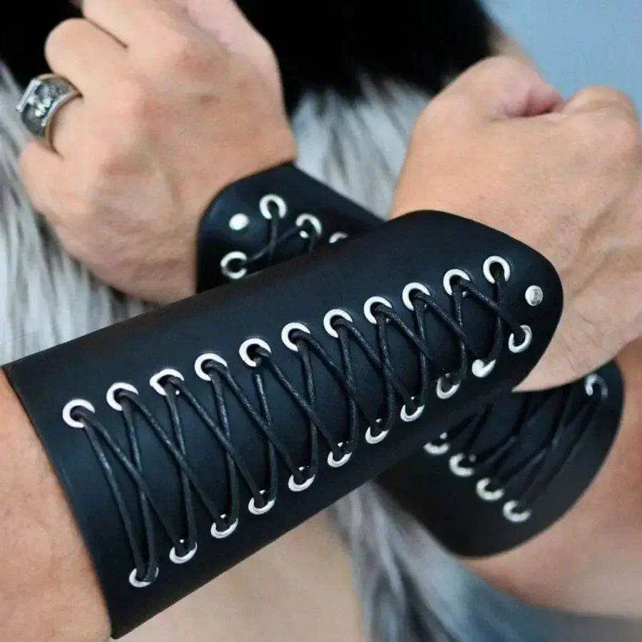 2pcs Black Lace-Up Viking Wristbands PU Leather Medieval Bracer Arm Gu ...